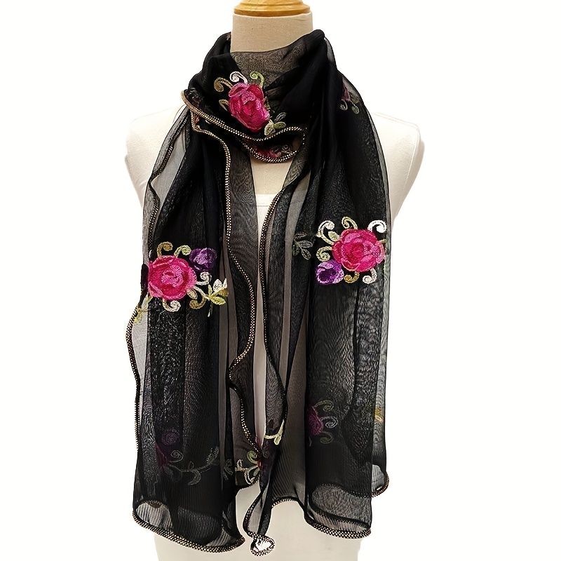 Embroidered Flower Gauze Scarf Edge Shawl Elegant - Temu Australia