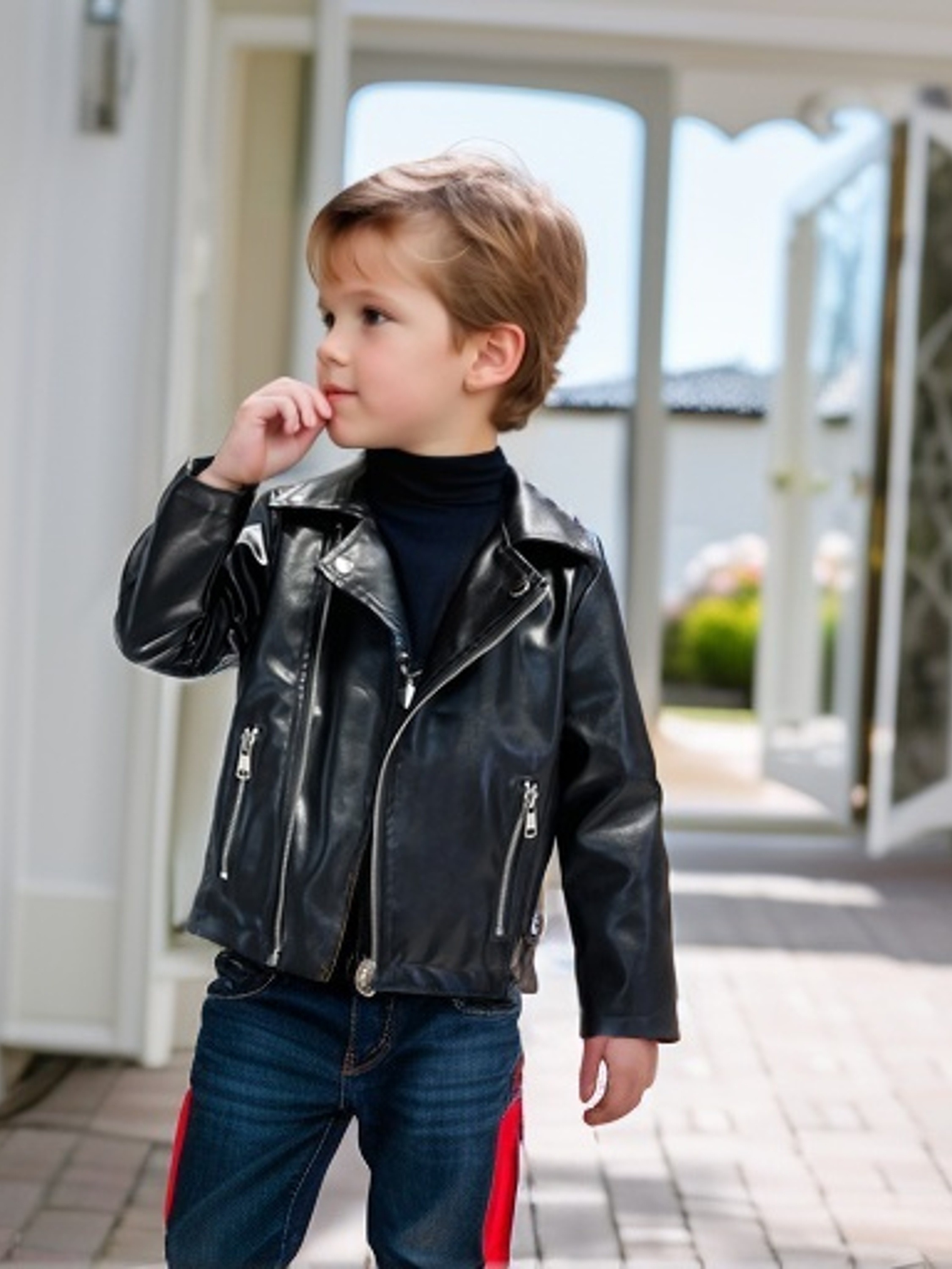 Children s PU Leather Jacket for Boys Spring and Autumn PU Leather Jacket Cool Children s Jacket with Turn up Collar Baby Motorcycle Trendy and