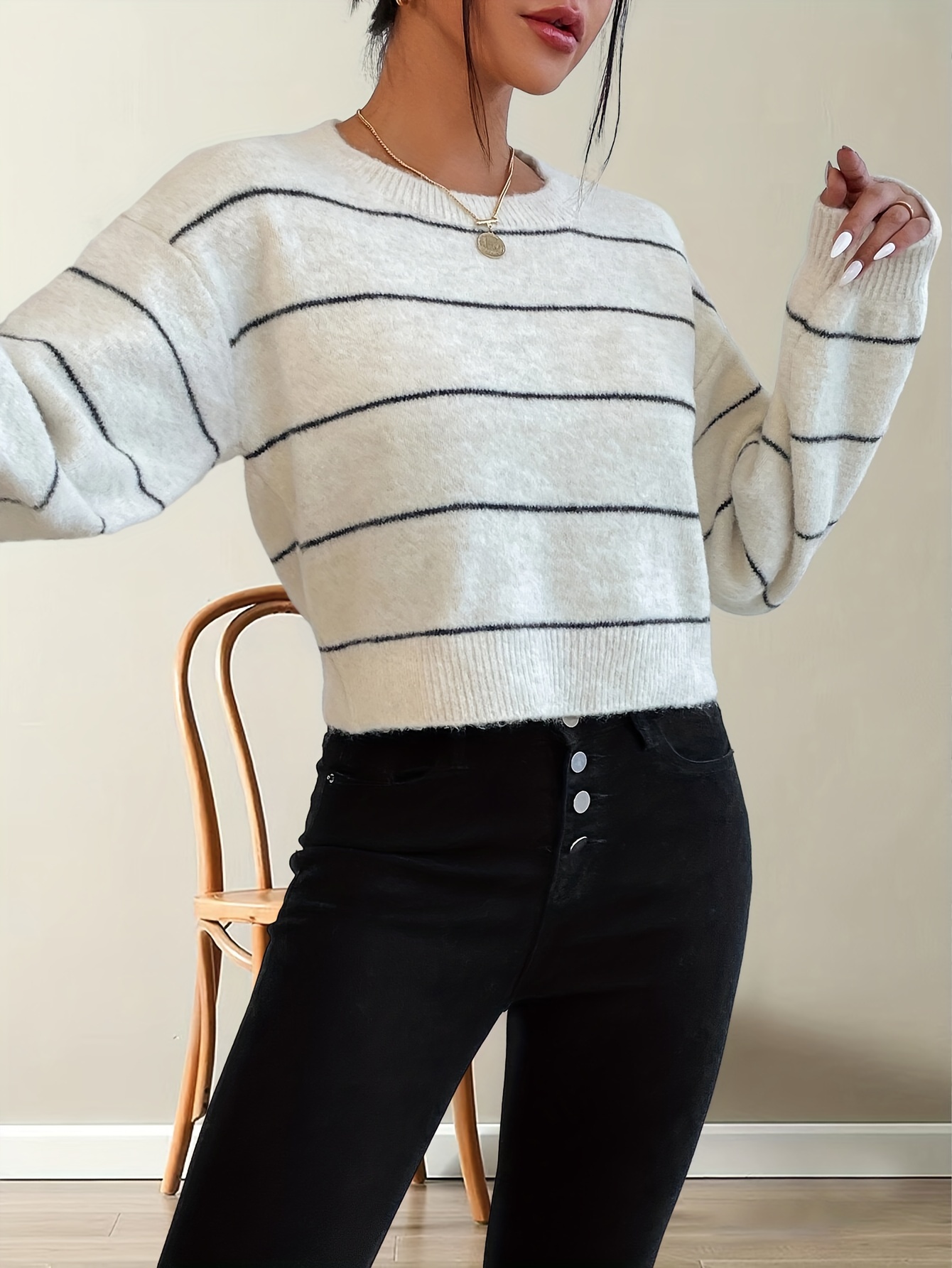Stripes Crew Neck Pullover Sweater Casual Long Sleeve - Temu Australia
