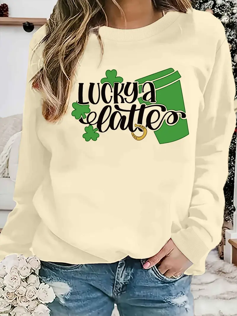 Clover Letter Print Pullover Sweatshirts Long Sleeve Crew Temu Canada