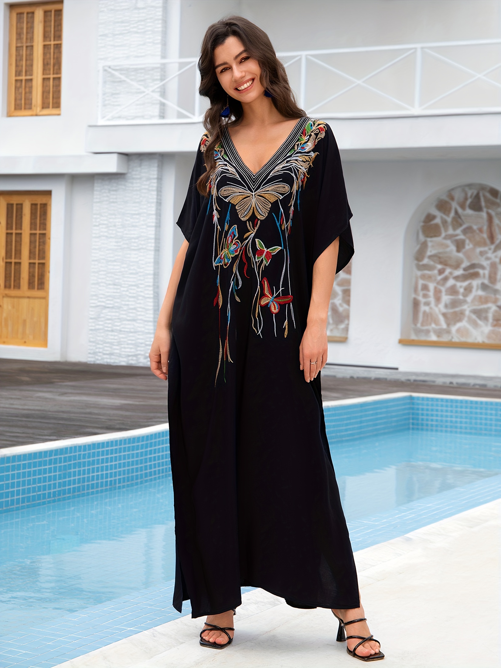 Vestido caftan bordado de tamanho decote em V casual - Temu Brazil