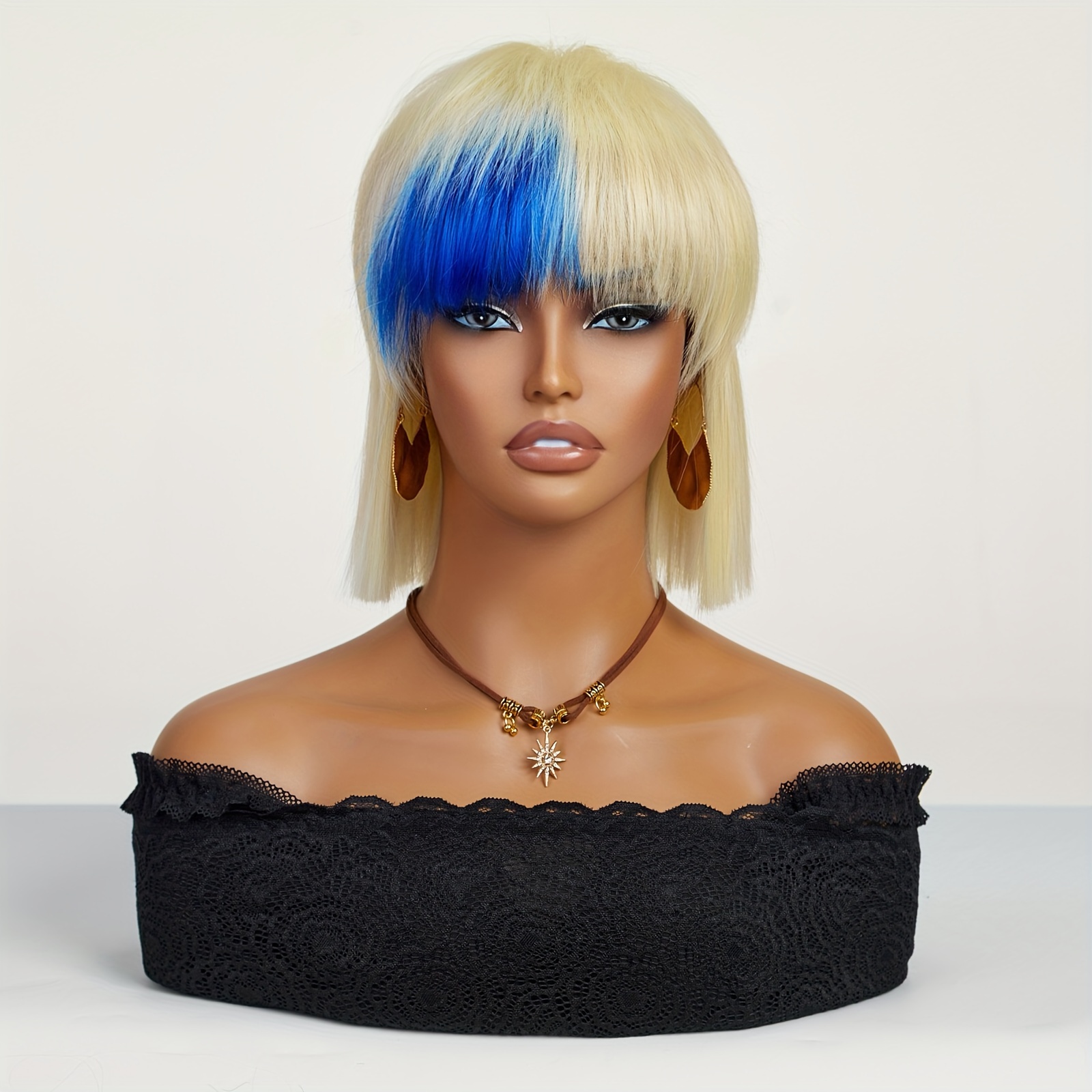 Women's Short Bob Wig With Blue Highlights, Tang Long Fiber, Basic ...