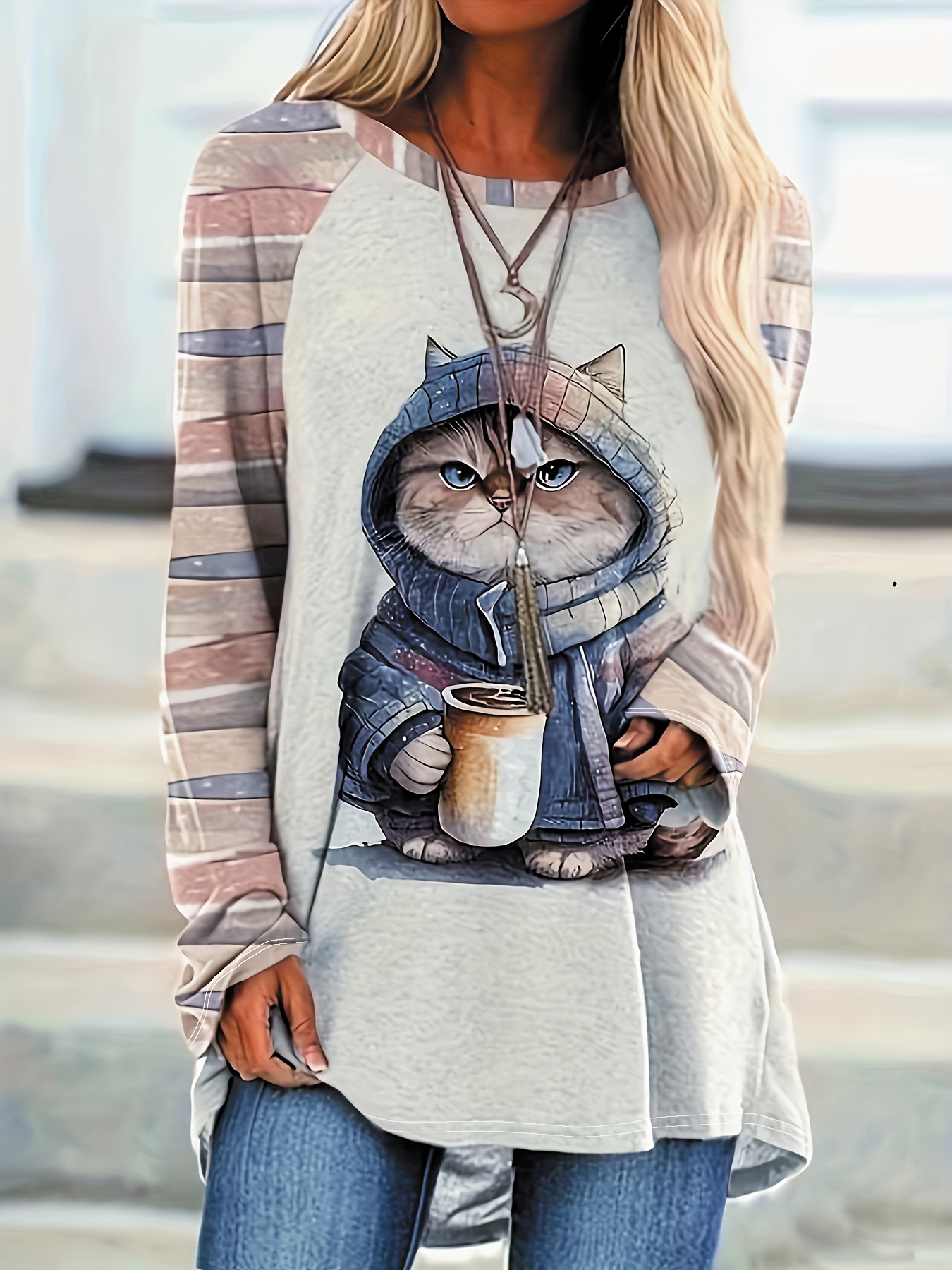 Plus Size Cat Print T shirt Casual Crew Neck Long Sleeve T - Temu New ...