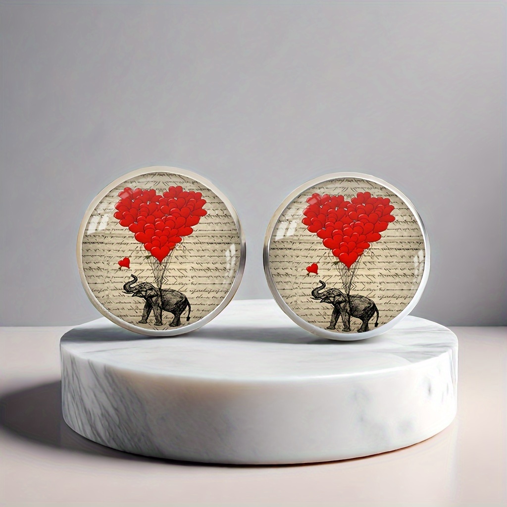 Love Heart Balloon Elephant Stud Earrings Glass Round - Temu Australia