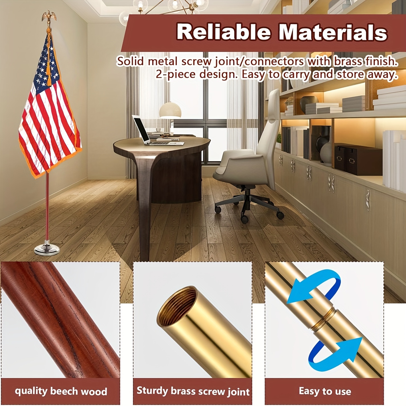 Indoor Flagpole Solid Wooden Flag Pole Brass Screw - Temu
