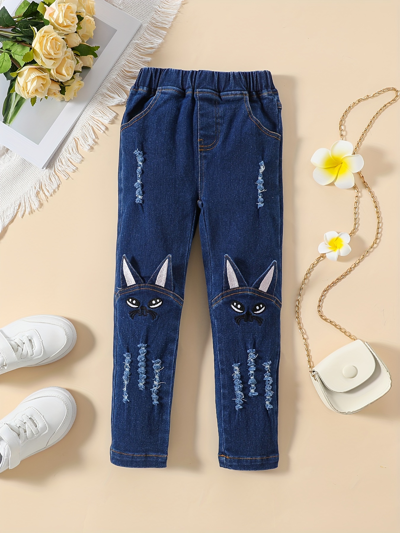 girls' fashionable cute washed denim long pants - Temu New Zealand
