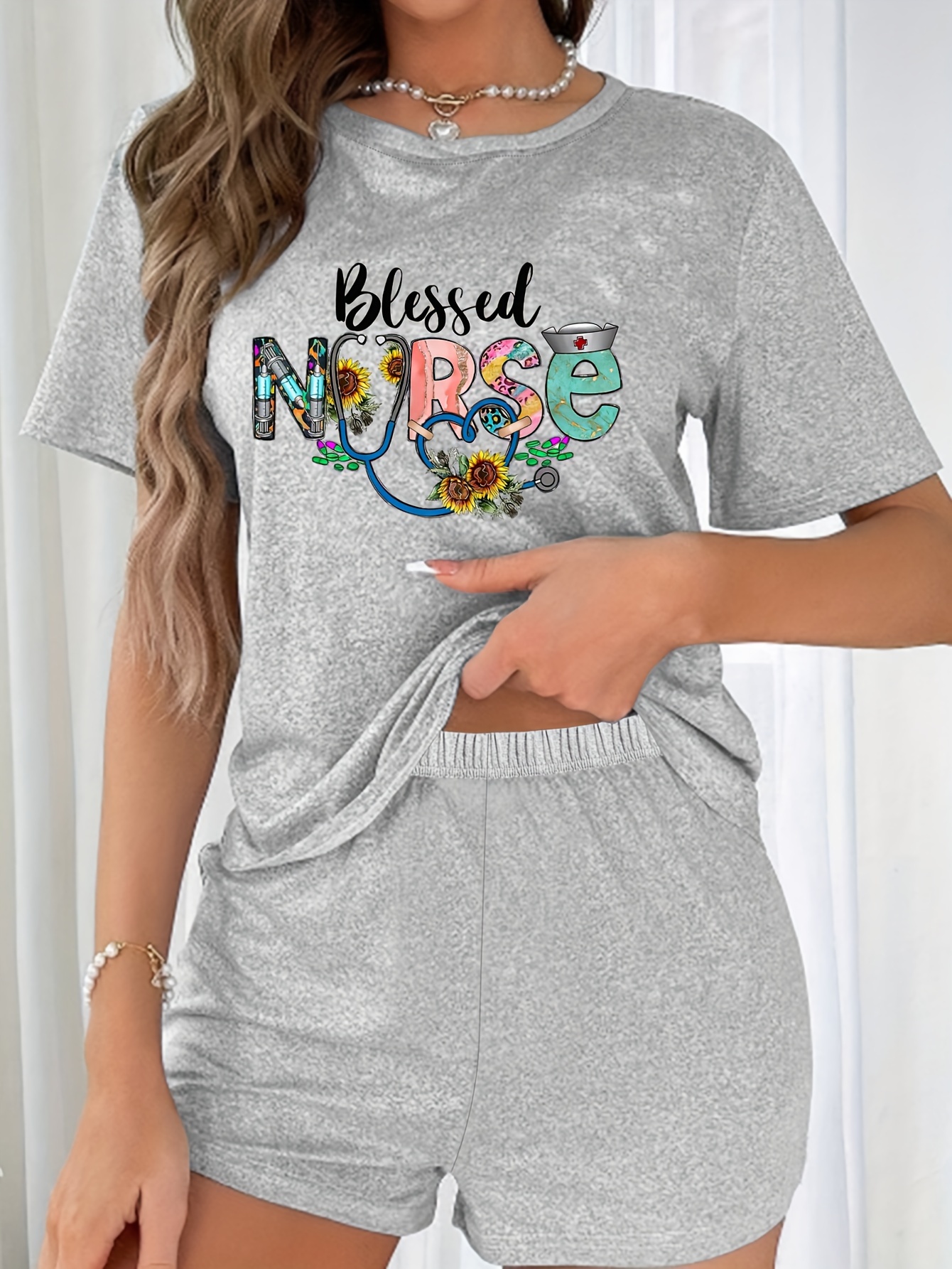 Casual Stethoscope Floral Letter Print Pajama Set Short - Temu Portugal