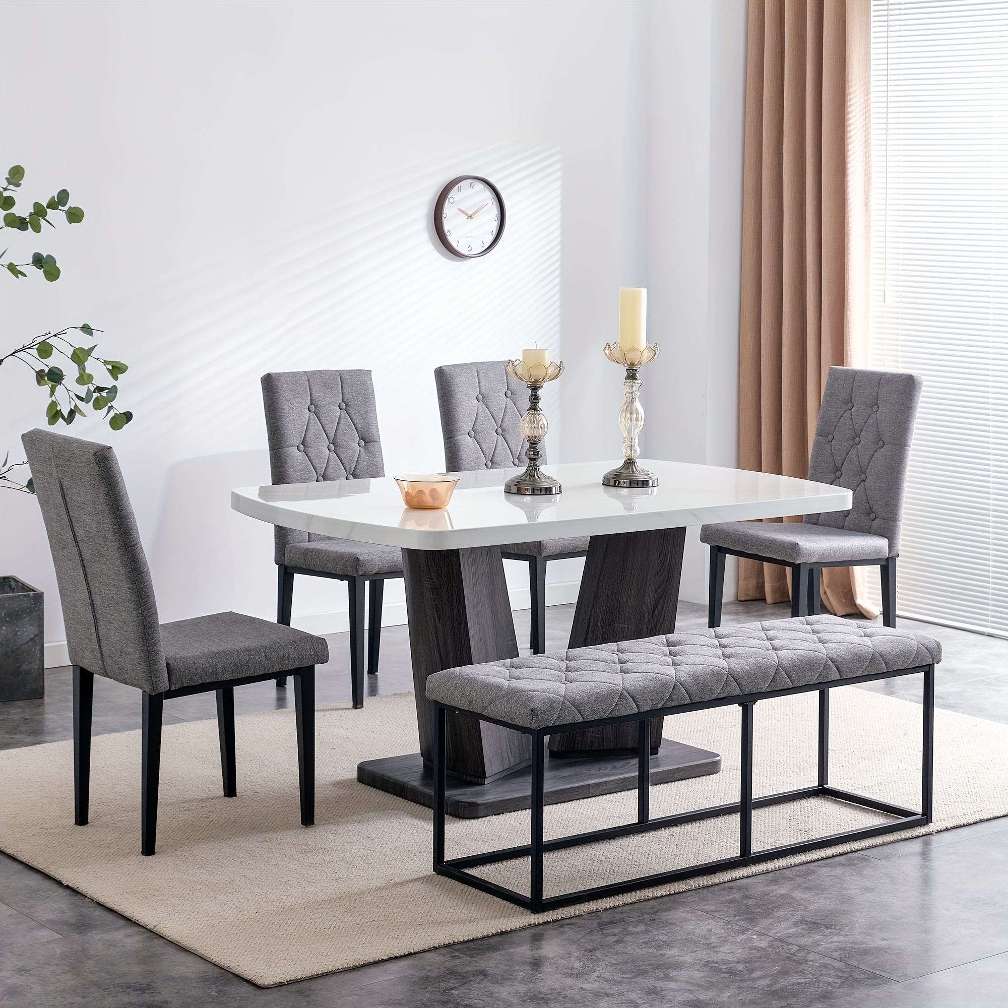 Modern Style Dining Table Chairs Bench Table Marbled Veneers - Temu