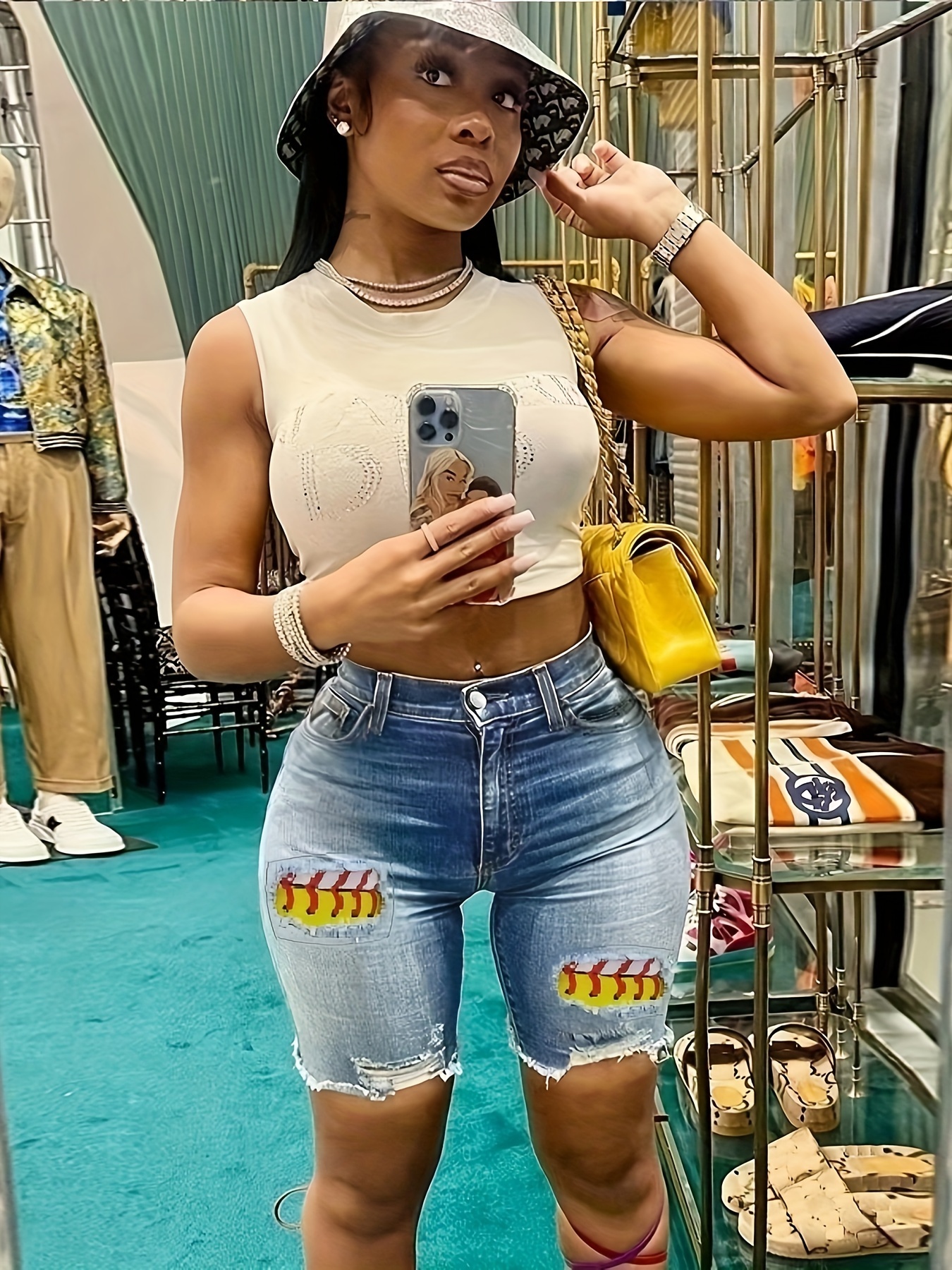 football print ripped hot denim shorts hem Temu Canada