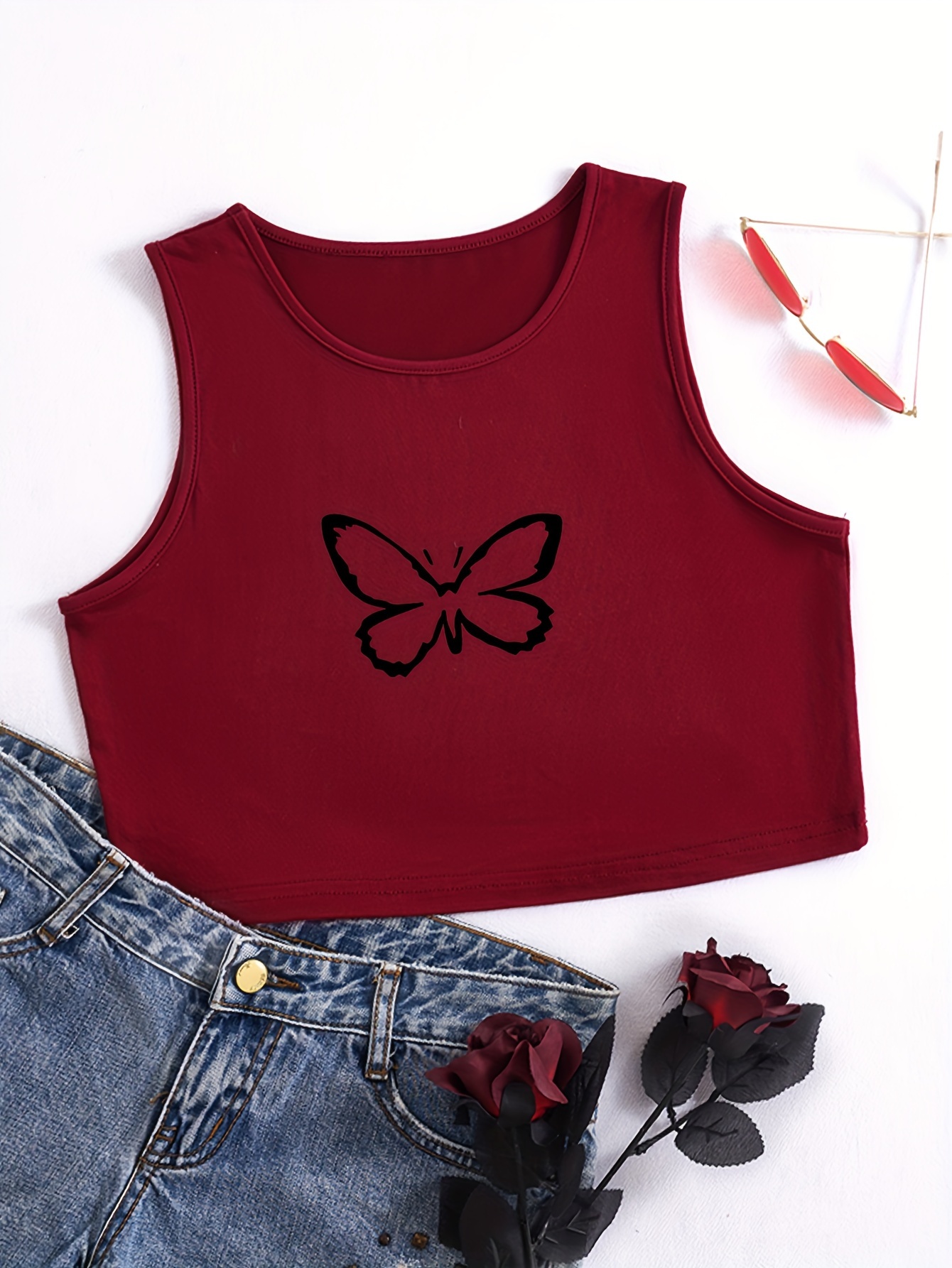 Butterfly Print Crop Top Casual Crew Neck Sleeveless Crop - Temu Australia