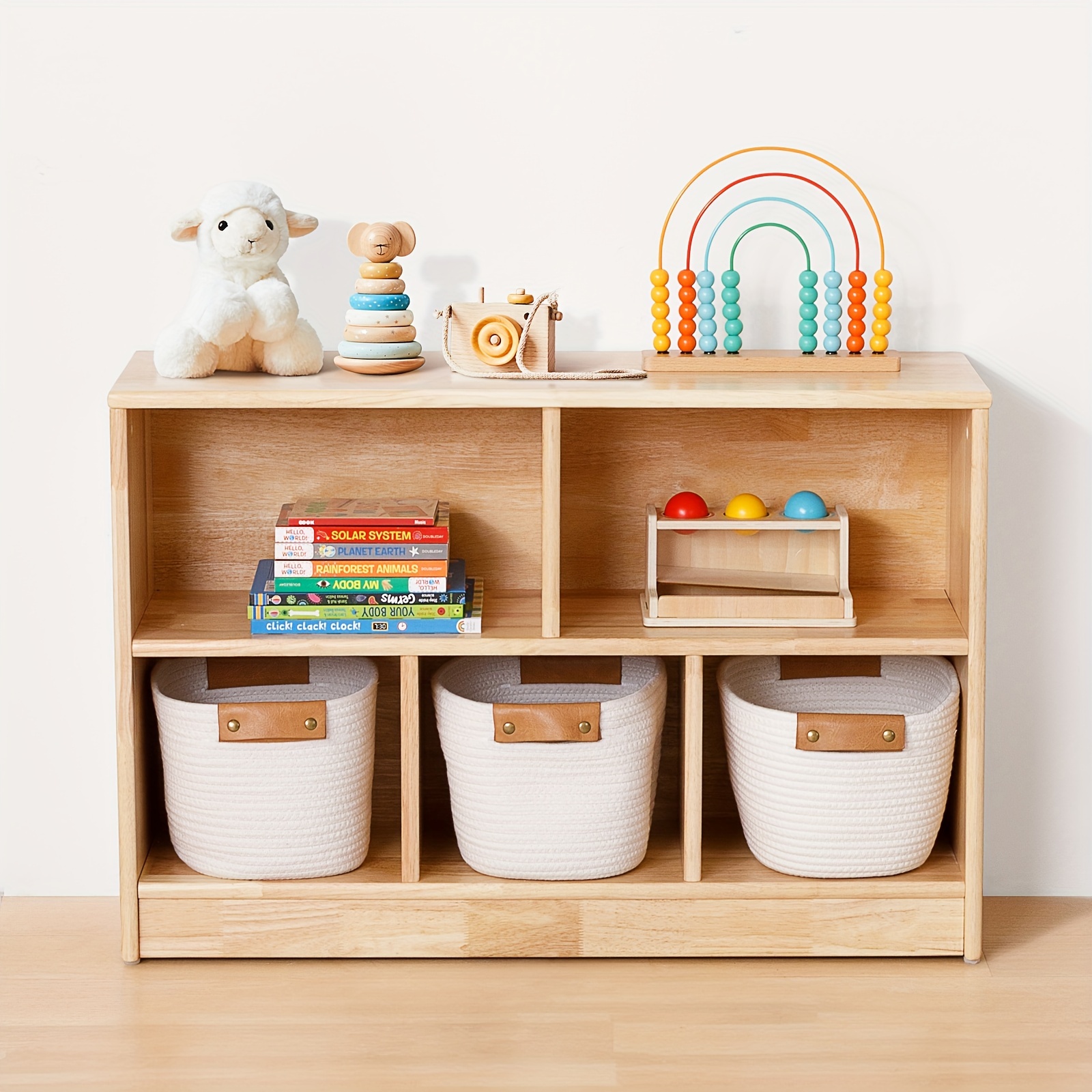 Rubber Wood 5 Compartment Book Shelf 35.4 L Organizers and Storage 2 Tier Wooden Storage Cabinet Classroom Organizer Playroom Daycare and Preschool Storage Shelves