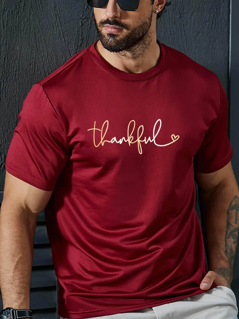 Plus Size Mens Thankful Graphic Print T Shirt Casual Short Temu Canada