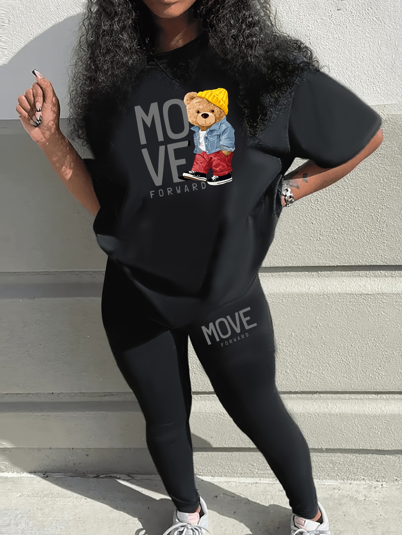 Casual Move Letter Print Two piece Pants Set Short Sleeve - Temu Canada