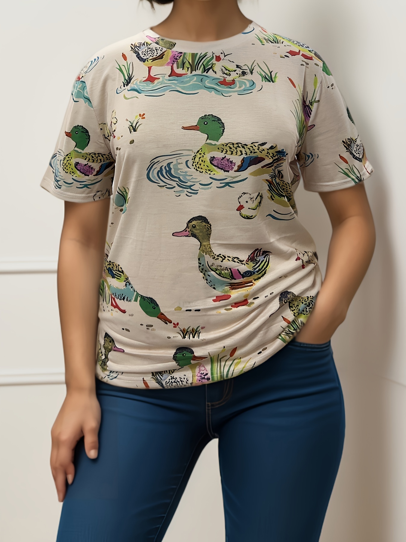 Cartoon Duck Print T shirt Plus Size Casual Crew Neck Short - Temu Canada