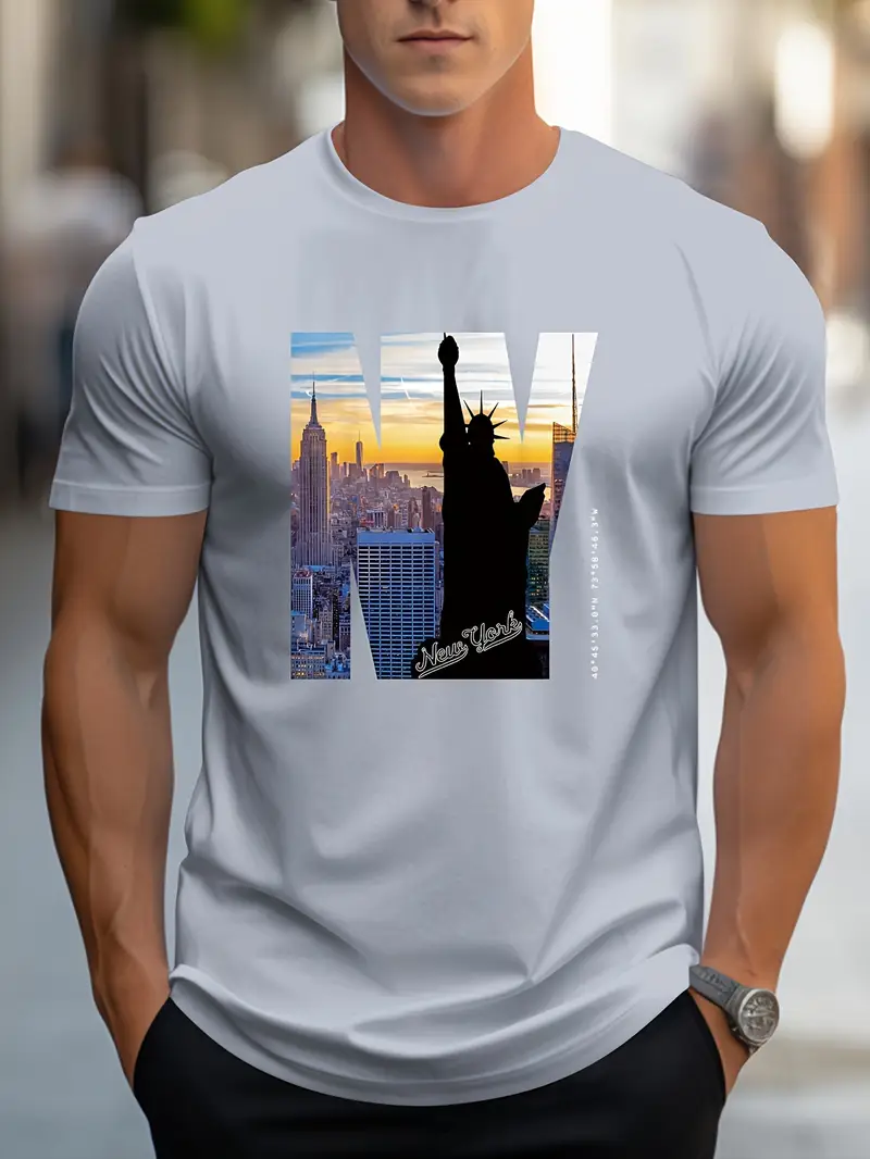 Ny Graphic Print Mens Creative Top Casual Short Sleeve Crew Temu New
