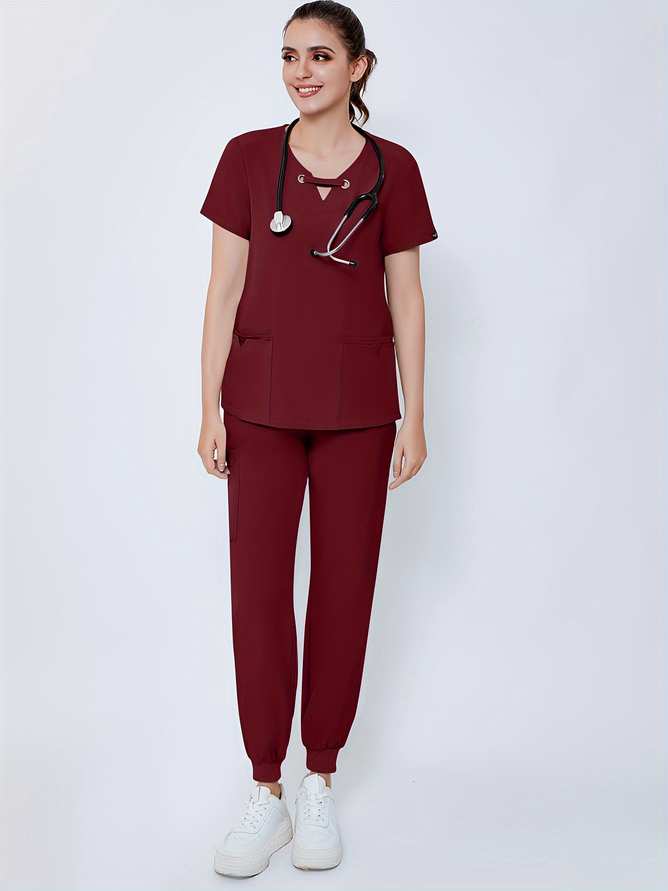 Solid Two piece Set Elegant Long Sleeve Scrub T shirt - Temu