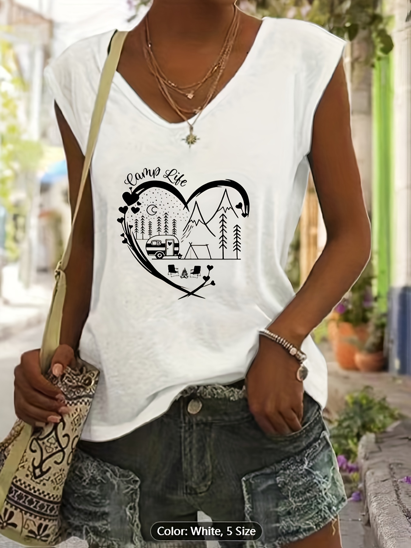Heart Mountain Print Crew Neck Tank Top Casual Sleeveless - Temu ...