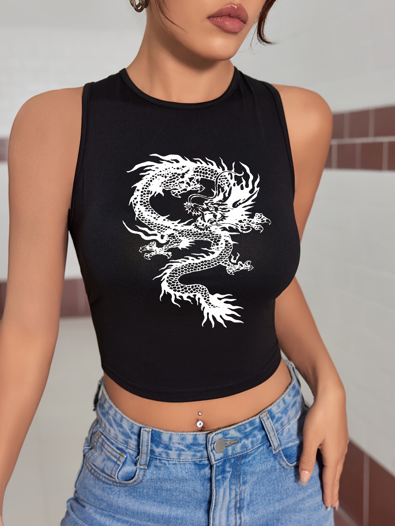 Dragon Graphic Print Crop Tank Top Sleeveless Casual Top - Temu Australia