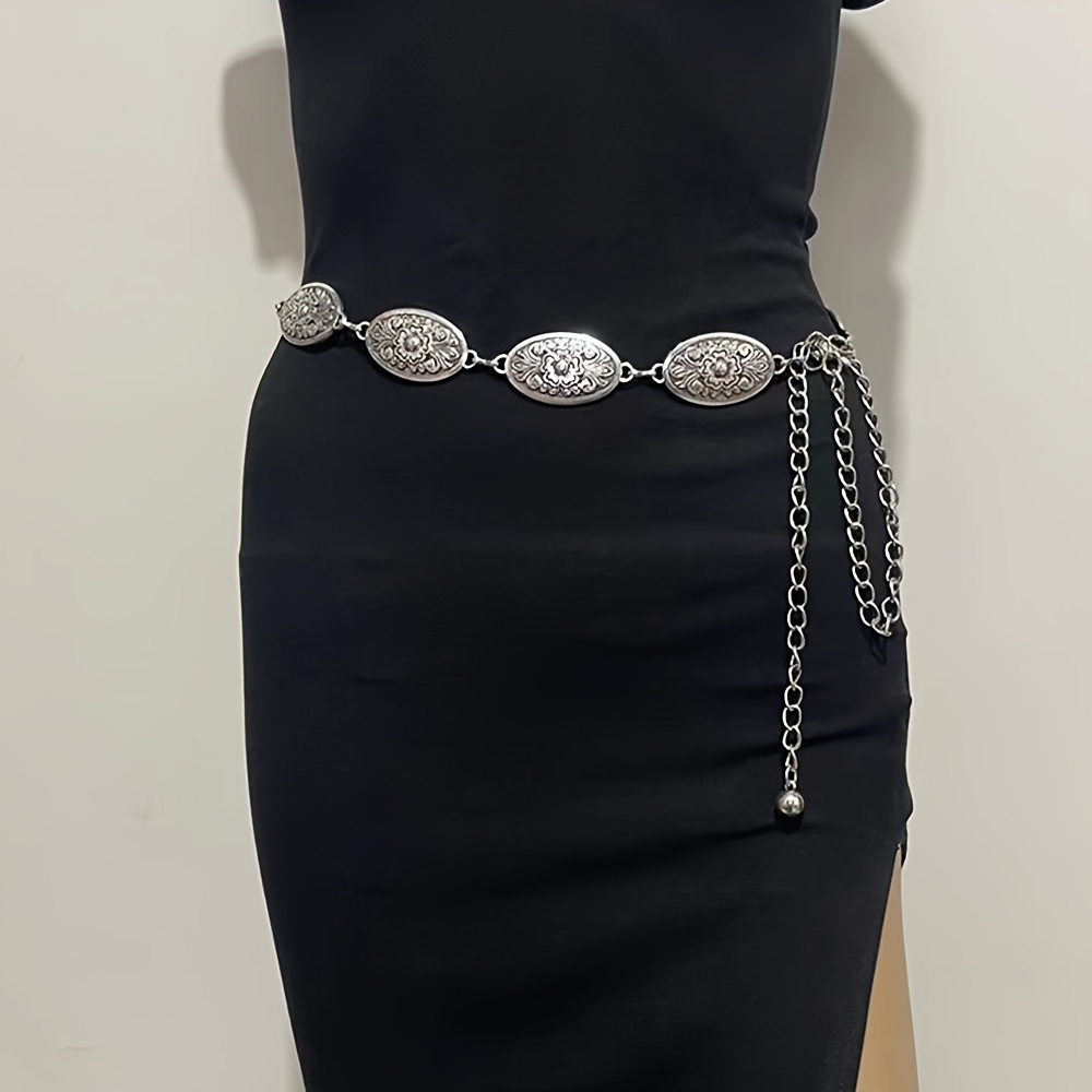 vintage oval chain belts classic flower waist - Temu