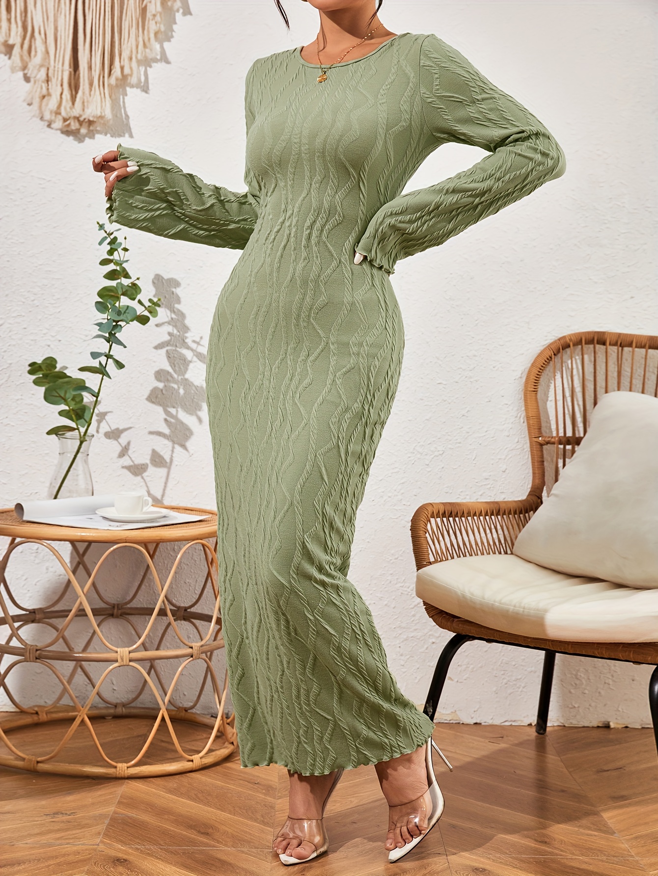 texture bodycon open back dress elegant crew neck long - Temu