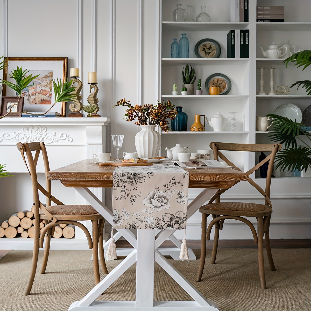 1 Stk Sort Stor Blomst Hvid Kvast Bordløber Pastoral Rose - Temu Denmark