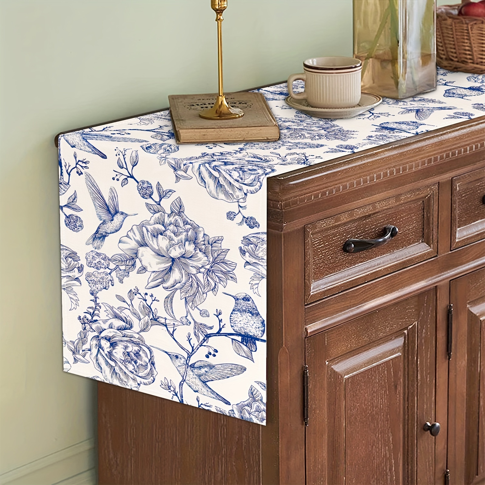 Table Runner Blue White Table Runner Retro Monochrome Sketch - Temu ...