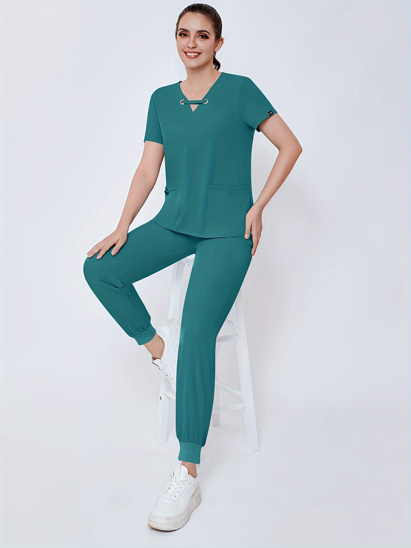 Solid Two piece Set Elegant Long Sleeve Scrub T shirt - Temu