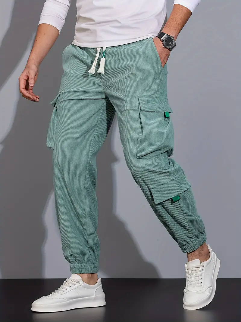 Mens Casual Solid Cargo Pants Elastic Waist Drawstring Temu
