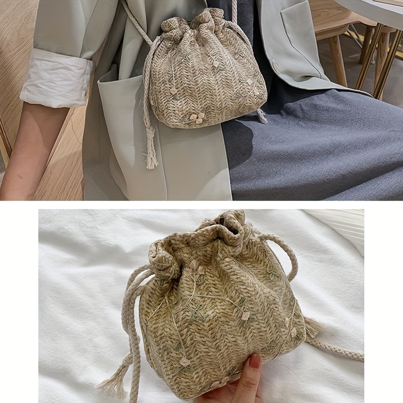 Flower Lace Straw Bag Drawstring Design Beach Bag Women's - Temu United ...