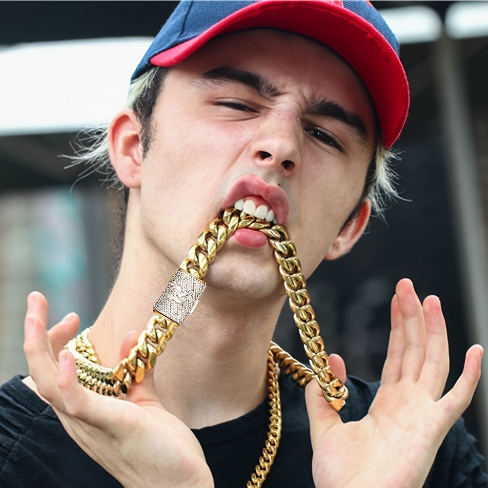 Miami Cuban Link Chain Set Men Hip Hop Jewelry 18k Golden - Temu