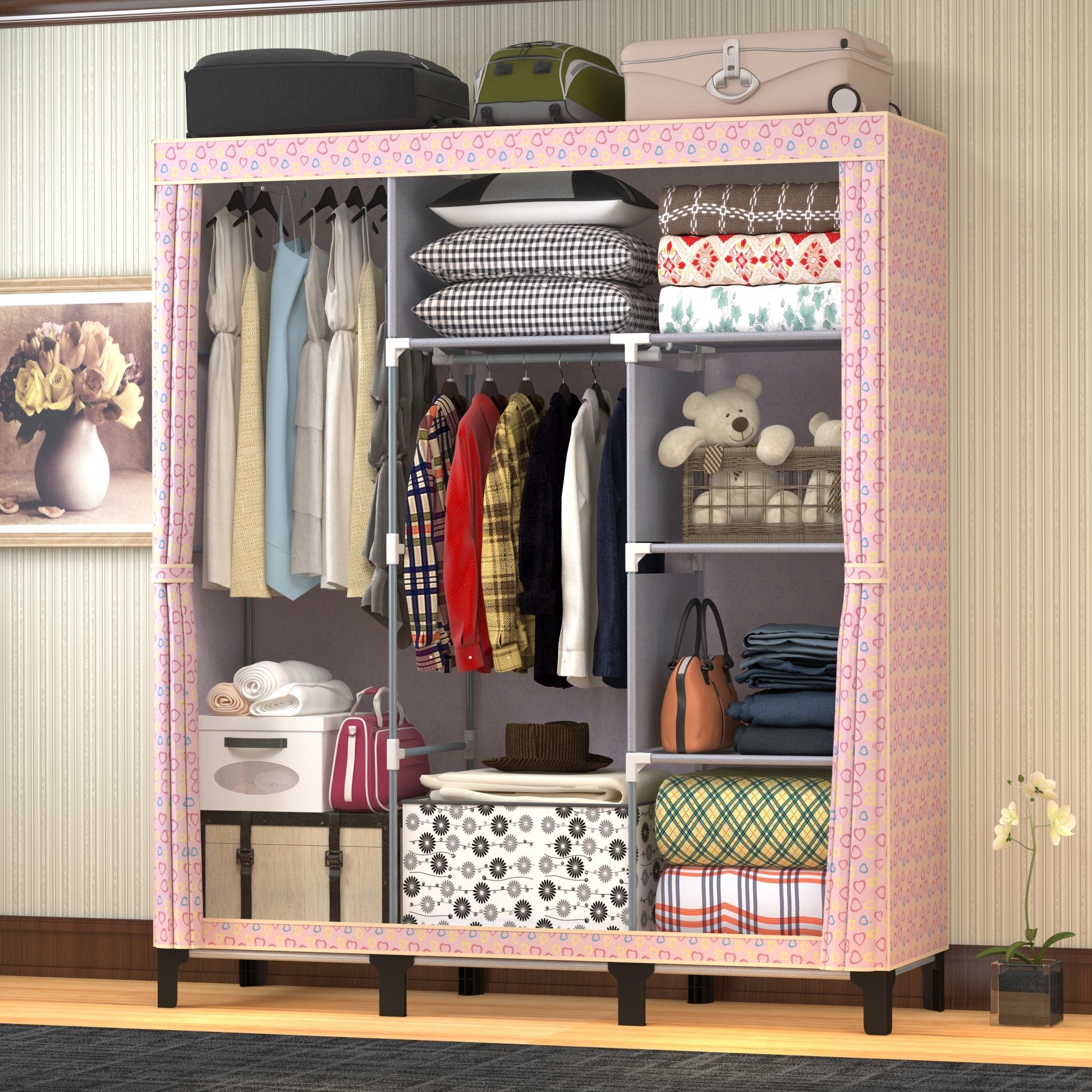 Portable Wardrobe Closet Metal Plastic Frame Holds 51.18inch Length Fabric Sturdy Independent Freestanding Design with Hanging Rods M