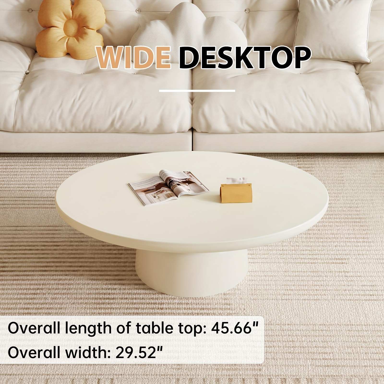 Cream White Oval Coffee Table Living Room Modern Pedestal Round Center Table Century Minimalist Tea Table Sturdy Desktop Low Coffee Table For