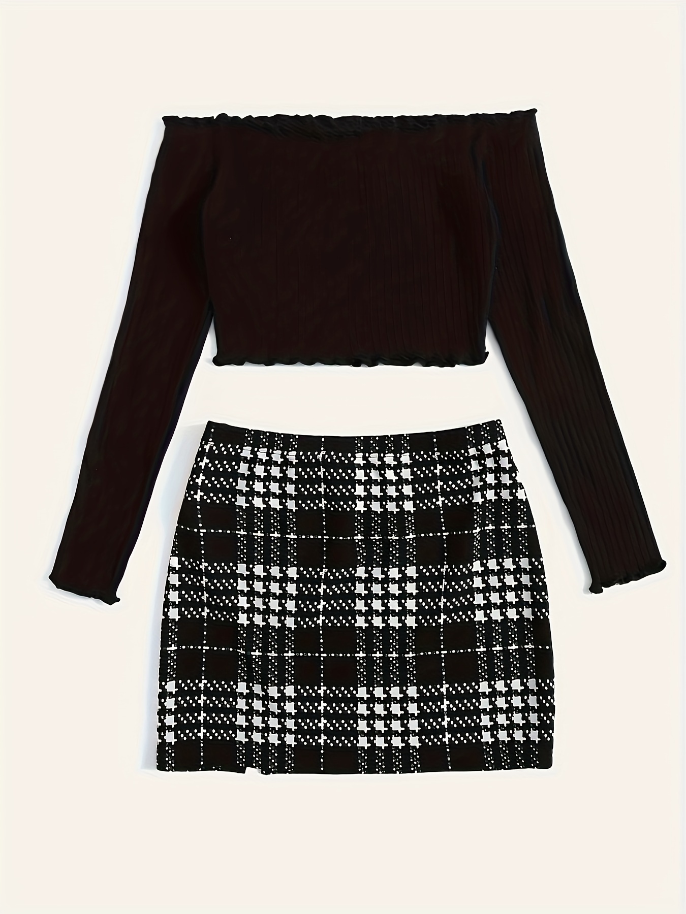 Versatile Two piece Skirt Set Shoulder Long Sleeve Crop Top - Temu ...