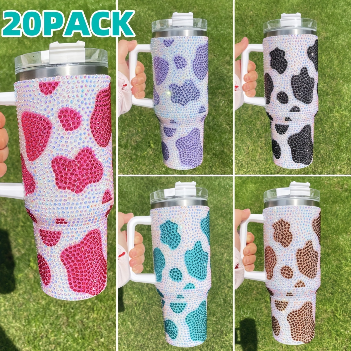 Cow Print Bling Studded Tumbler Handle Lid Straw - Temu