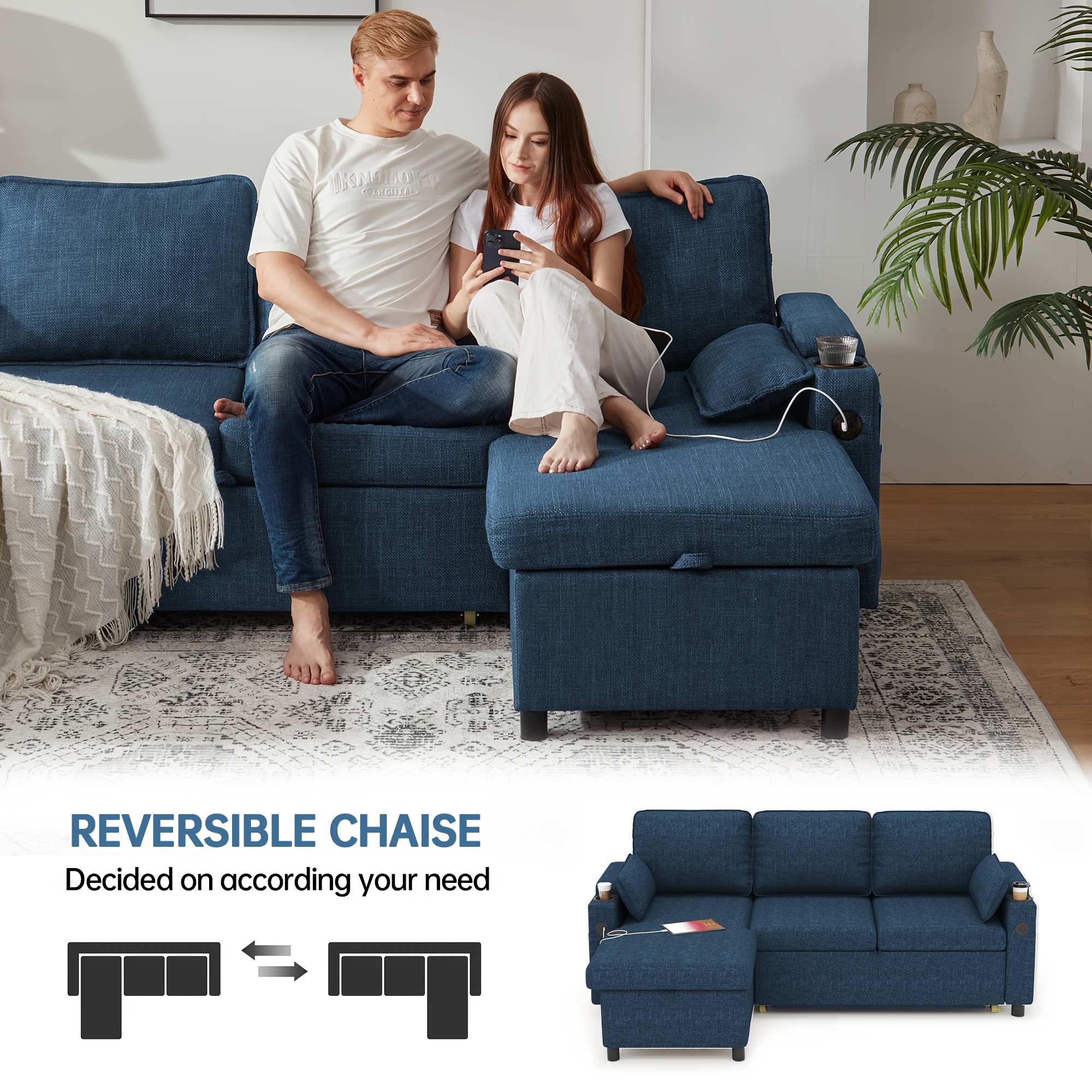 Convertible Sectional Sleeper Sofa L Shaped Charging Couch With Usb ...