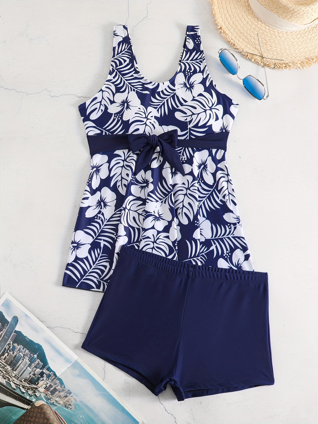 Tropical Floral Leaf Print Tie Front Tankini Scoop Neck High - Temu ...