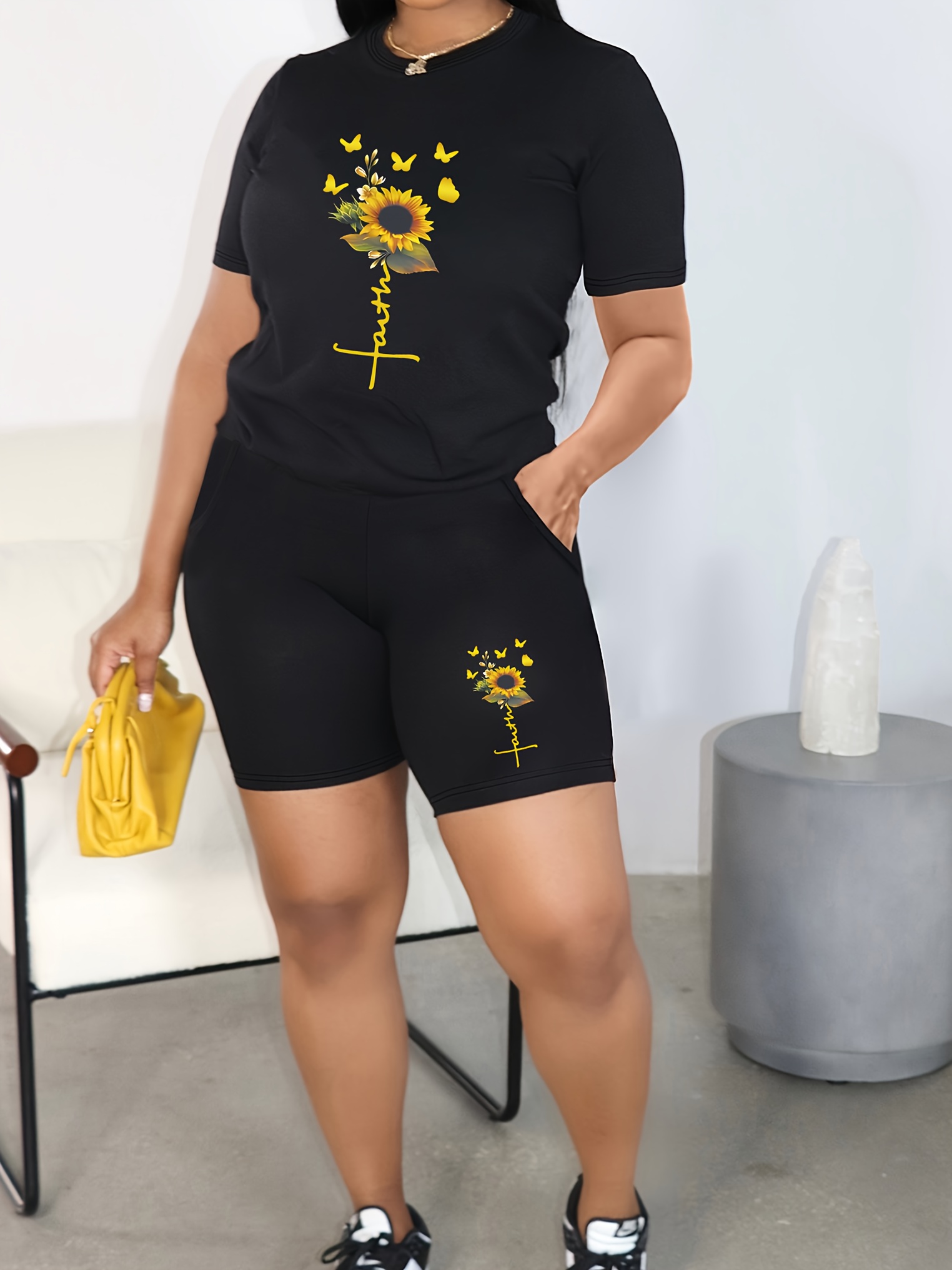 Sunflower Butterfly Print Summer Spring Casual Two piece Set - Temu Ireland