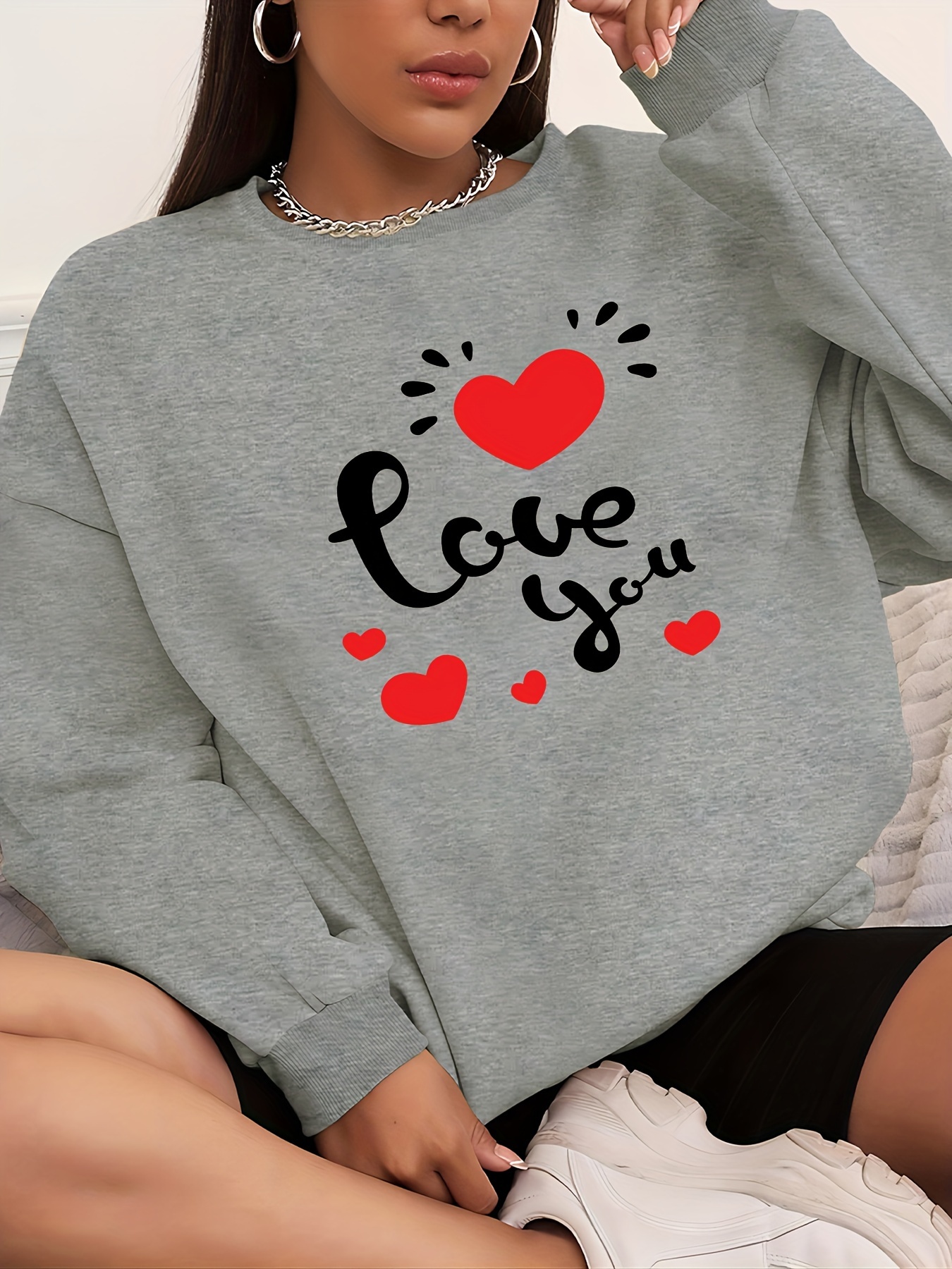 Heart Letter Print Sweatshirt Plus Size Casual Long Sleeve - Temu Australia