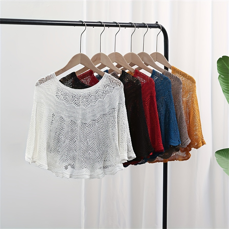 Solid Color Knitted Hollow Shawl Elegant Thin Pullover Cape - Temu United