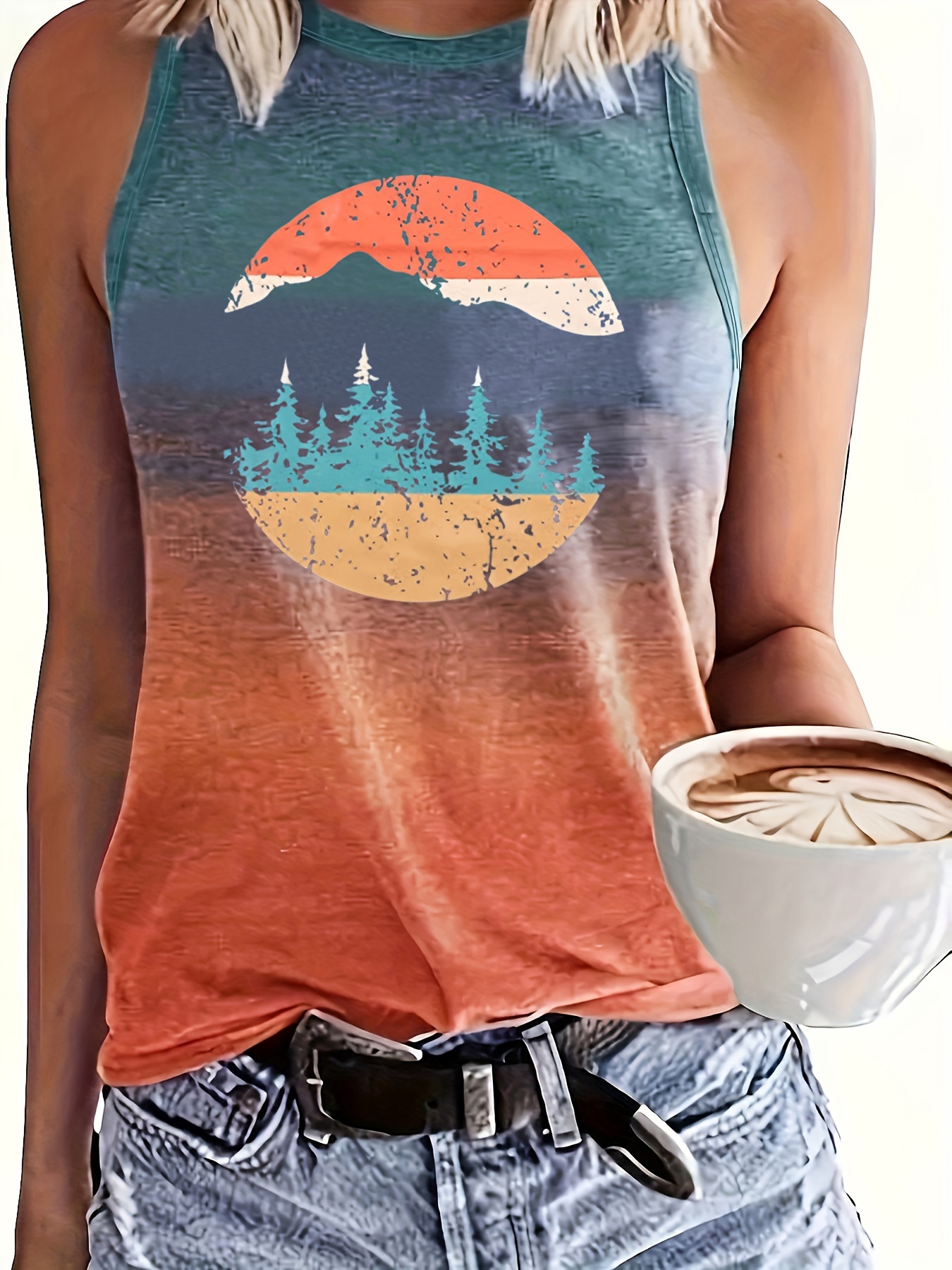 Mountain Print Crew Neck Tank Top Casual Sleeveless Top - Temu Australia