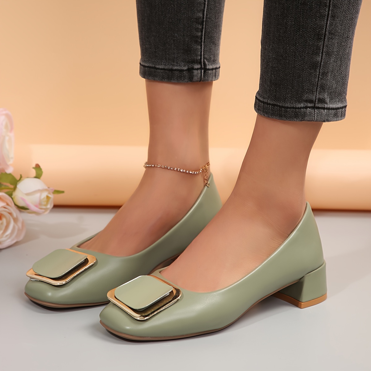Womens Solid Color Casual Pumps Metallic Buckle Decor Soft - Temu Denmark