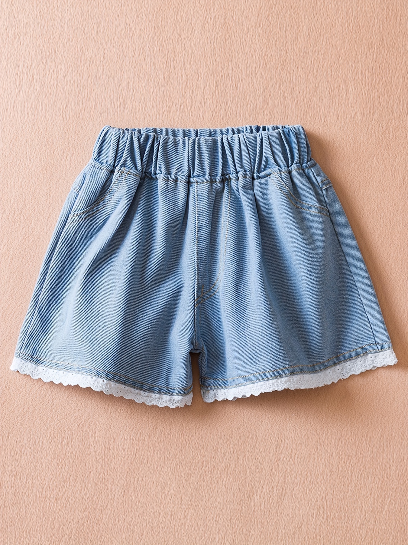 Lace Trim Denim Shorts Girls Trendy Sweet Style Summer Daily - Temu
