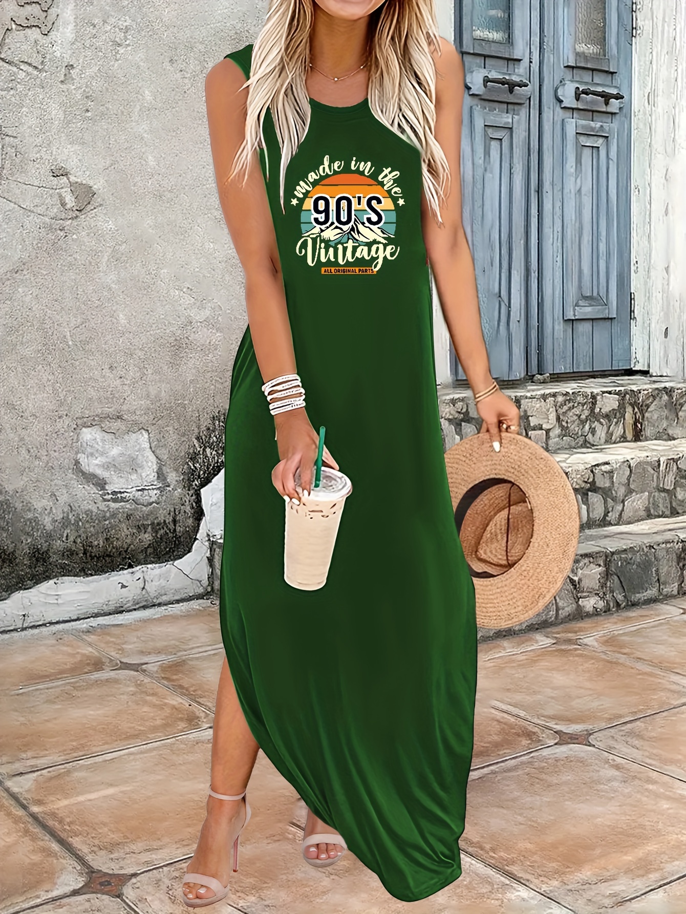 Letter Number Print Tank Dress Sleeveless Crew Neck Casual - Temu Ireland