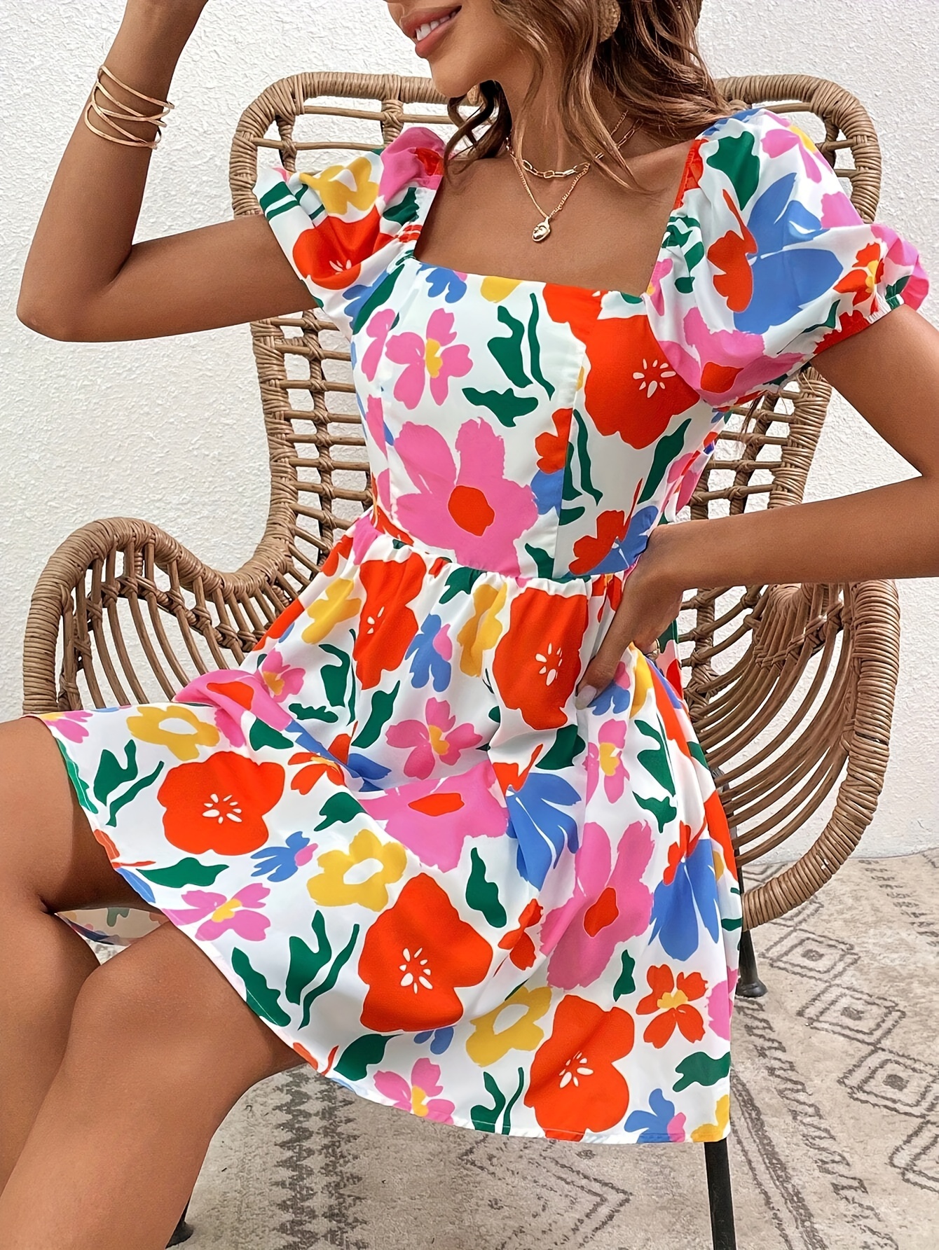 Floral Print Bow Back Square Neck Dress Casual Puff Sleeve - Temu