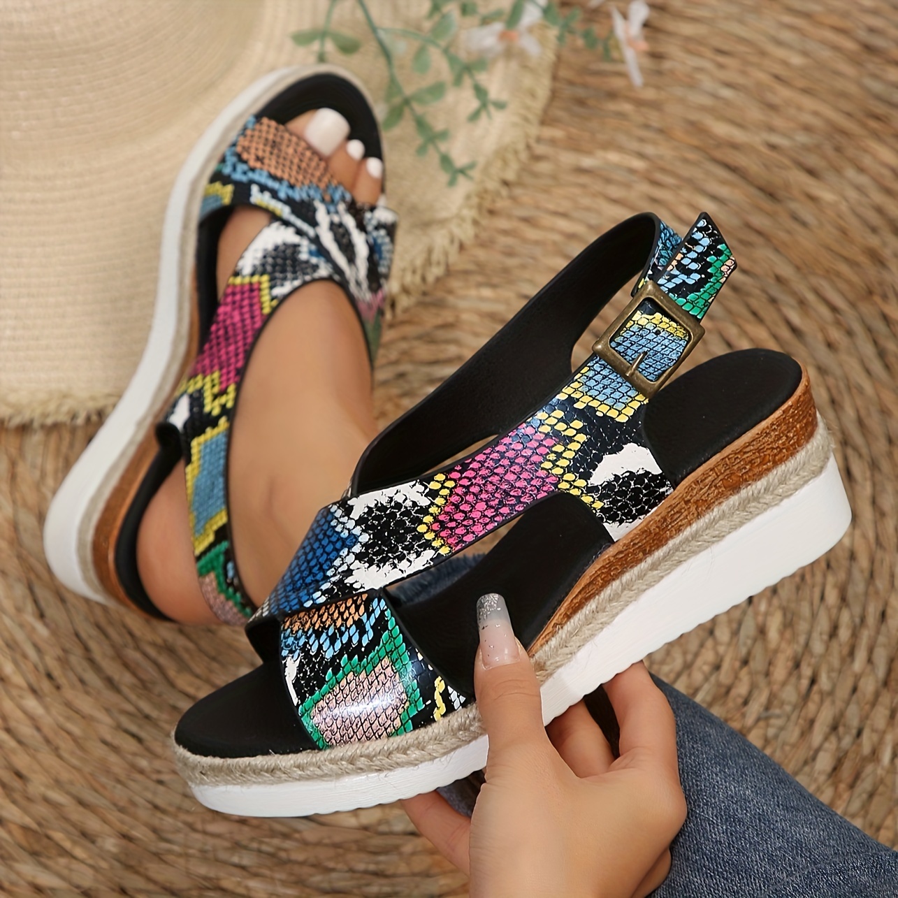 Women's Snakeskin Pattern Wedge Heeled Sandals Casual Open - Temu ...