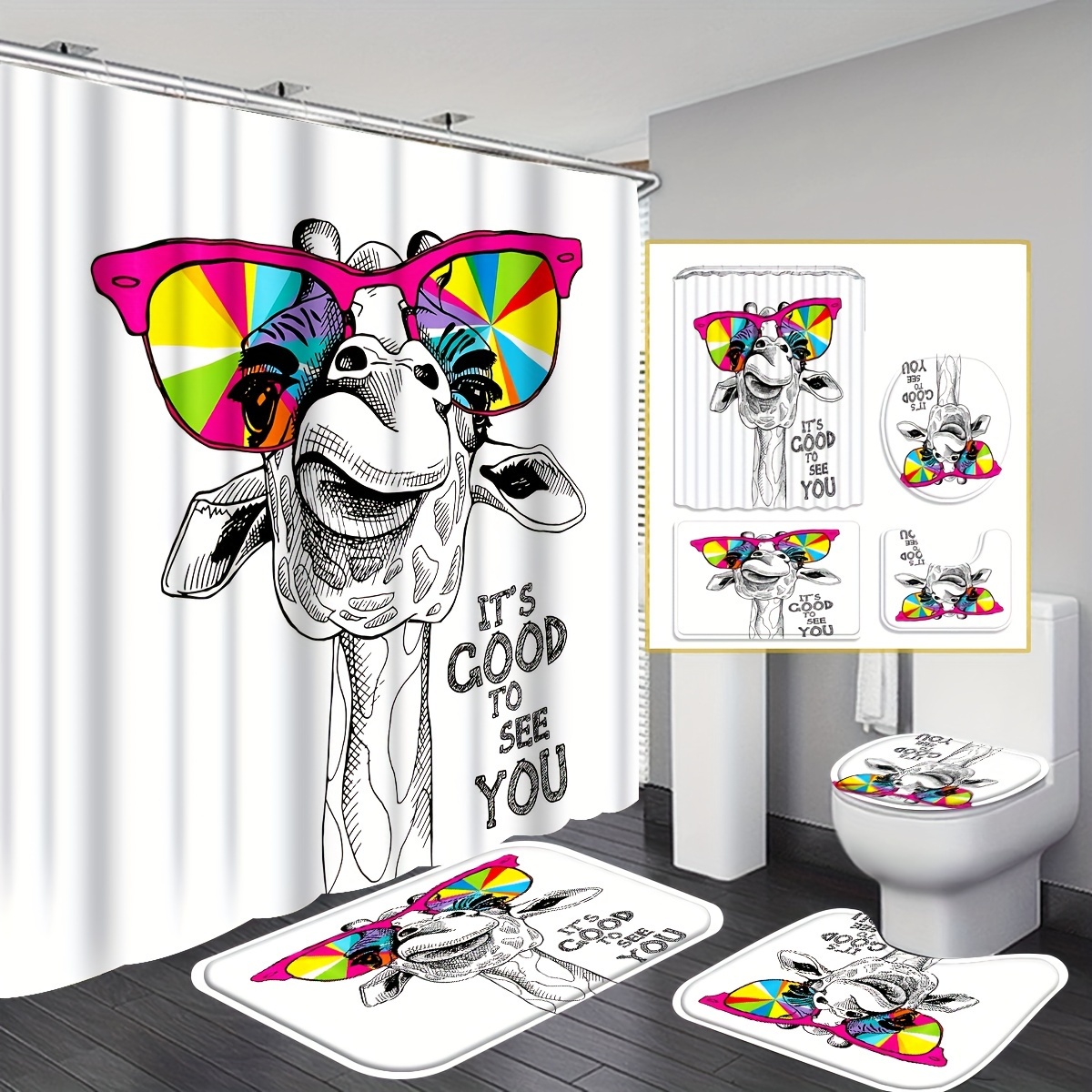 Rainbow Glasses Giraffe Printed Shower Curtain Set - Temu Canada