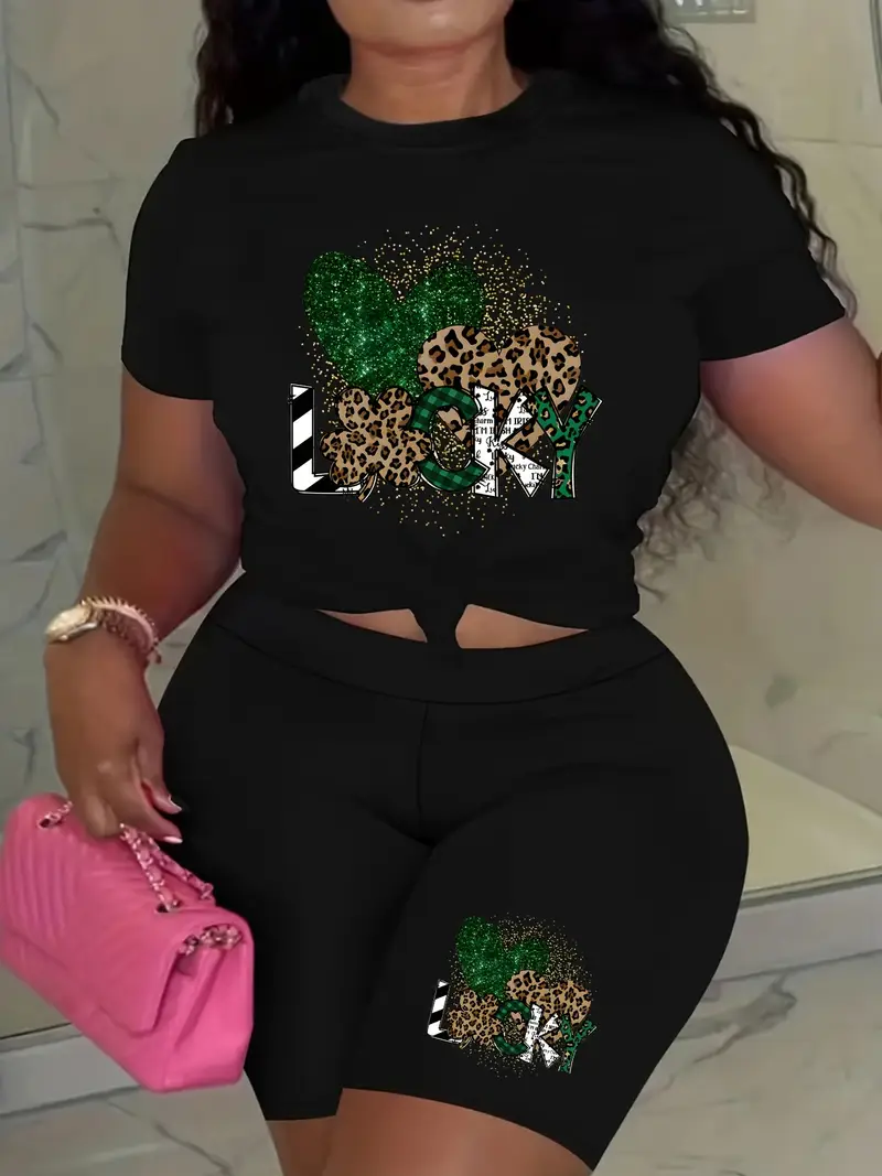Plus Size Graphic Print Two Piece Set Short Sleeve T Shirt Temu Ireland