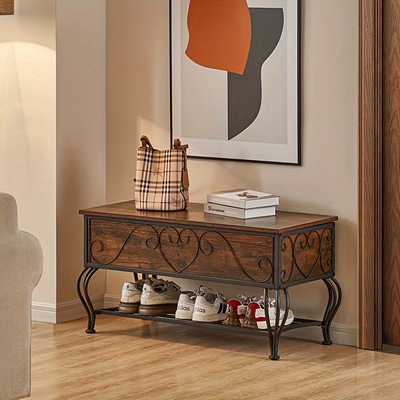 Vintage Metal Storage Bench Flip top Shoe Rack Rustic Wooden - Temu