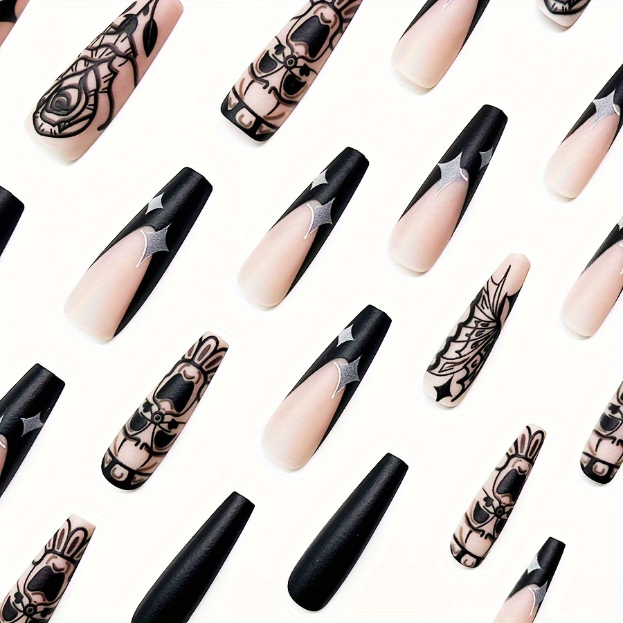 Long Ballerina Nails Gothic Punk Style Black Graffiti - Temu United