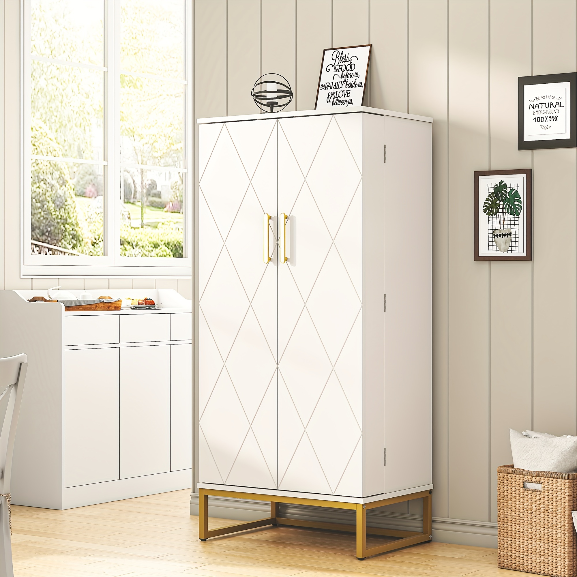 119.38cm White Kitchen Pantry Cabinet with Doors Adjustable Shelves Modern Freestanding Storage Organizer for Kitchen Living Room and Dining Roo